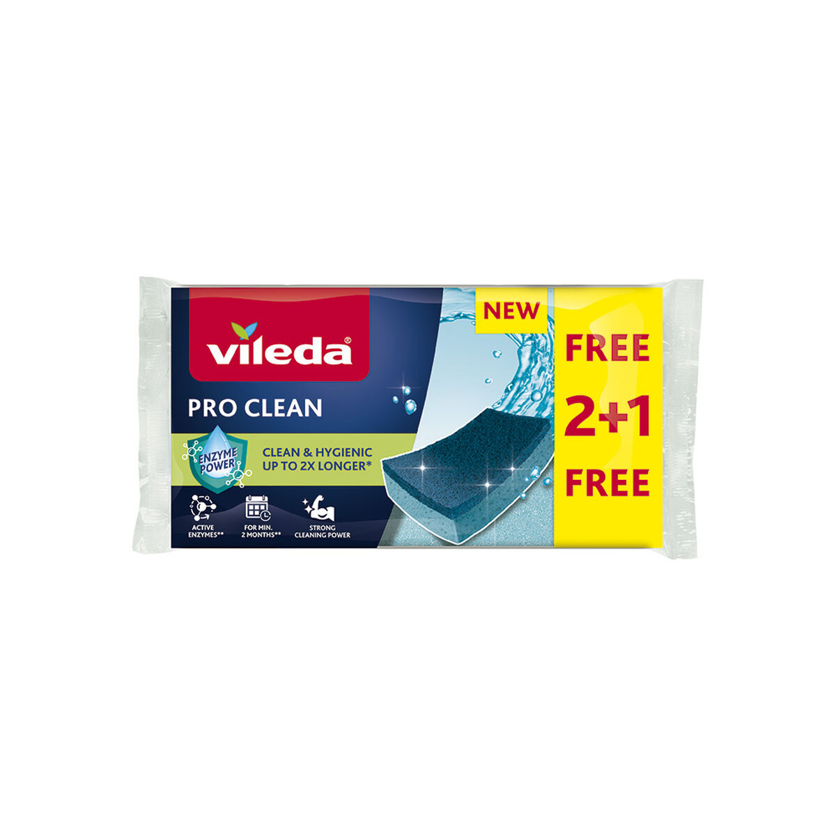 Vileda FCE Pro Clean Estropajo con Enzimas Naturales, Azul, Pack 2+1, 5 Veces Más Absorbente ...