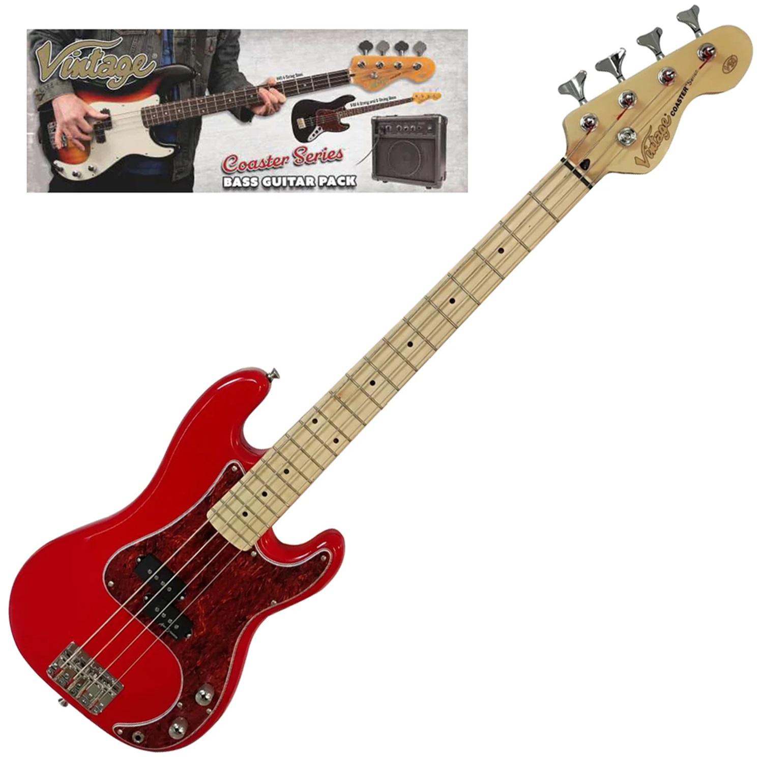 Vintage V30 Bajo 7/8 - Gloss Red con Amplificador, Funda, Correa, Cable ...