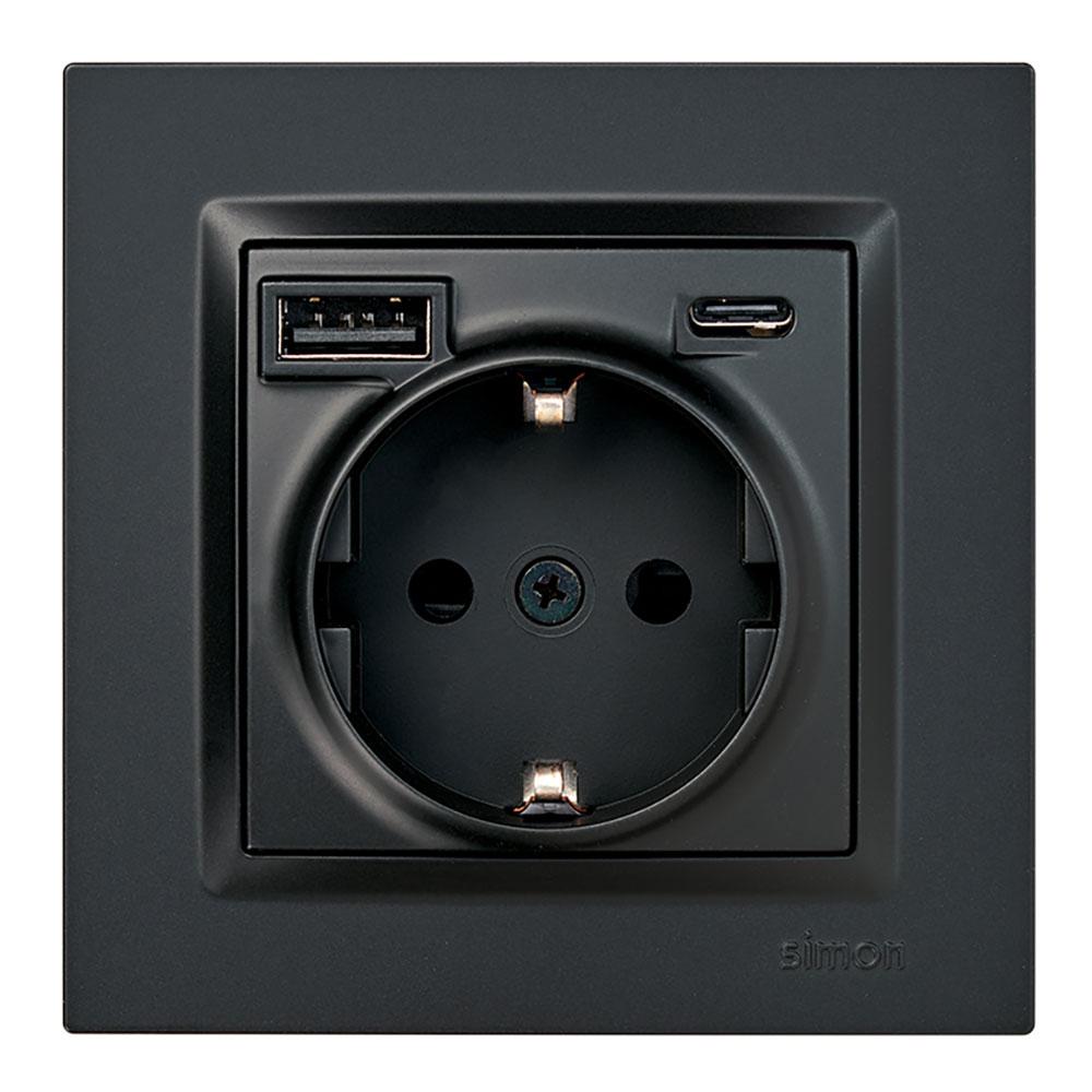 Simon Simon 10 Base Enchufe Schuko + USB A+C 10,5W 16A 250V Negro Mate ...